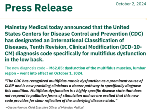 Mainstay Medical Announces New ICD-10 Diagnosis Code for Multifidus ...