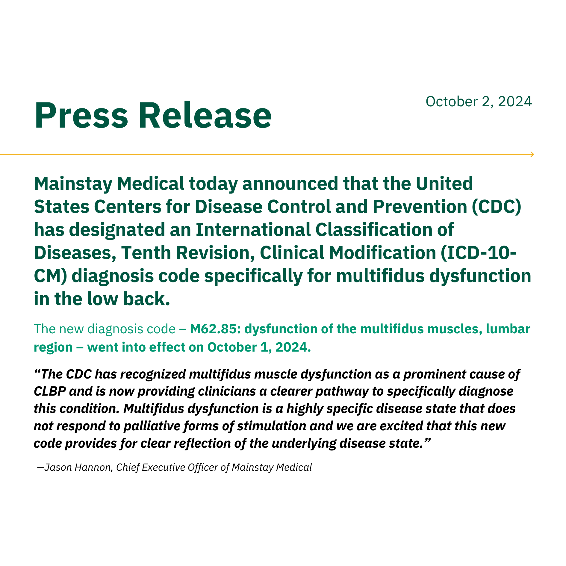 Mainstay Medical Announces New ICD-10 Diagnosis Code for Multifidus Dysfunction - Mainstay Medical